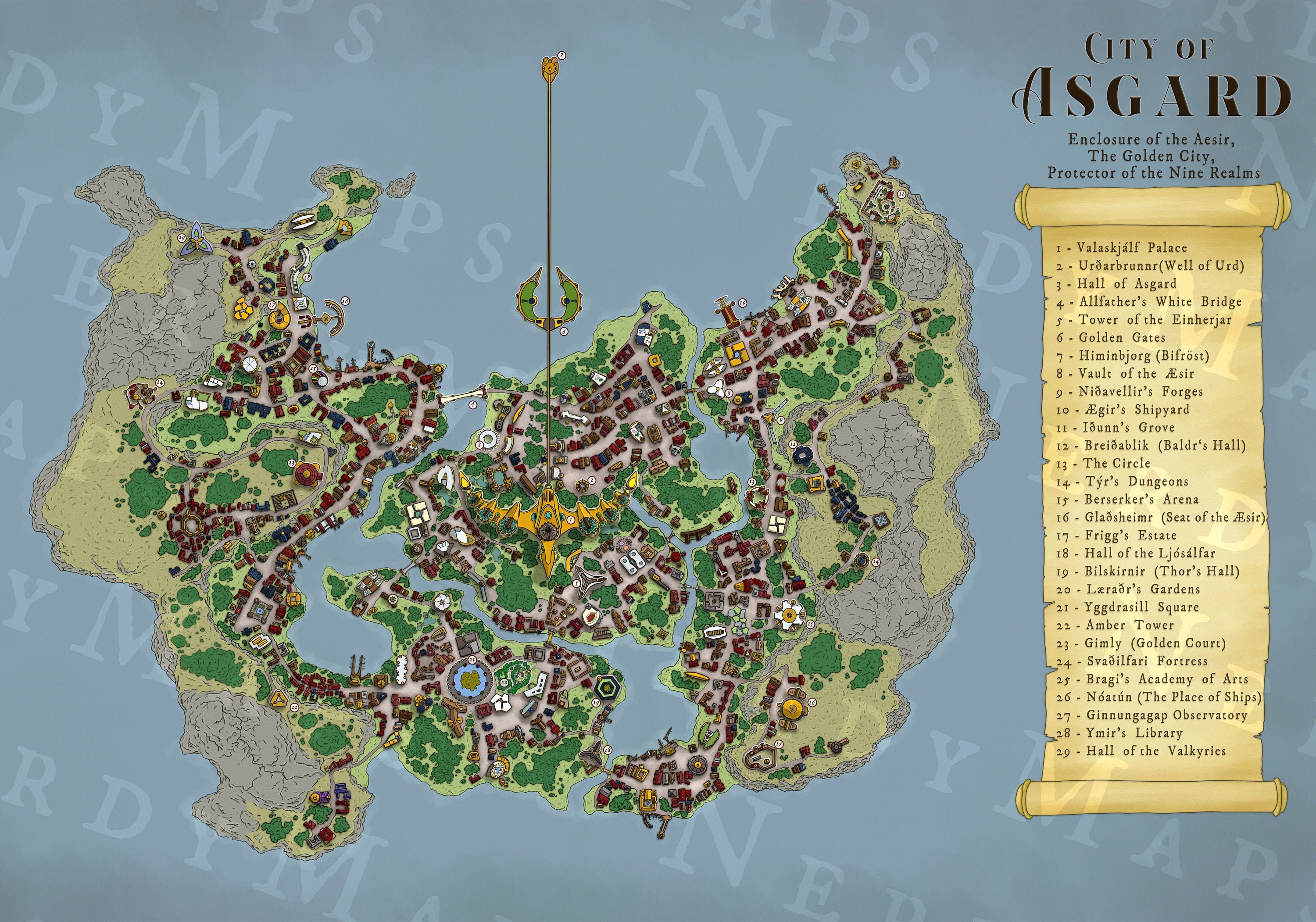 ASGARD home of the Aesir. MARVEL full color detailed map. | Etsy