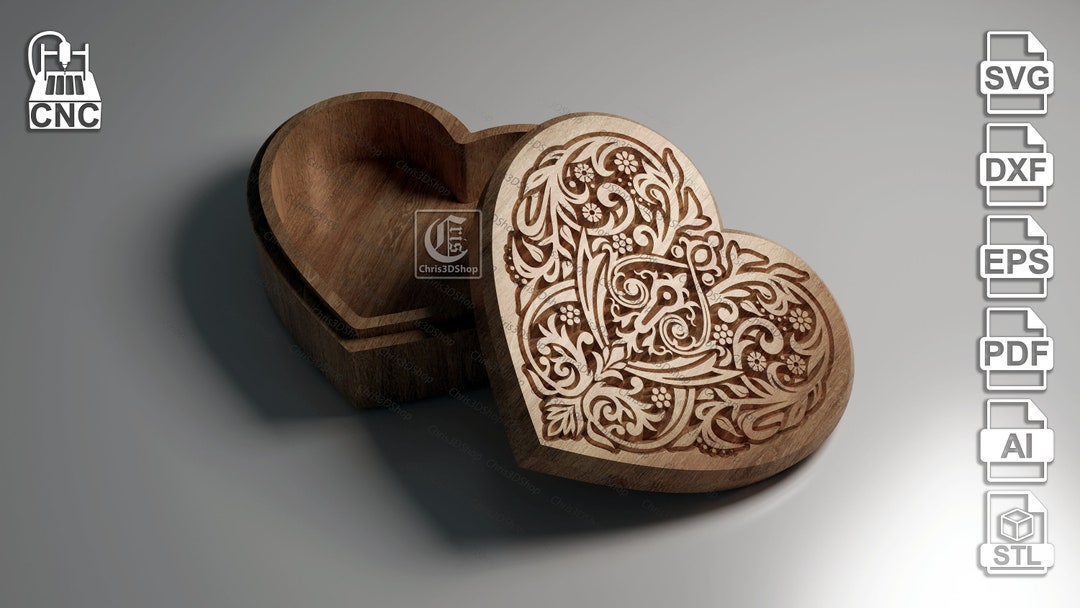 Heart Shaped V-carved Jewelry Box - CNC Files (svg, Dxf, Eps, Ai, Pdf ...
