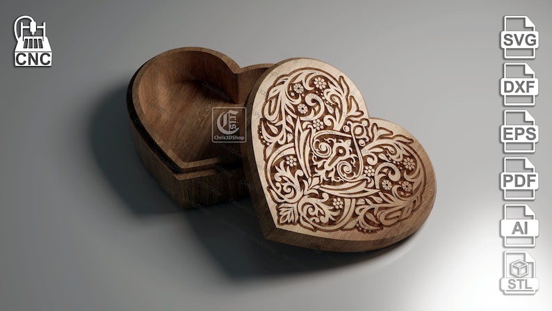 Heart Shaped V-carved Jewelry Box - CNC Files (svg, Dxf, Eps, Ai, Pdf ...