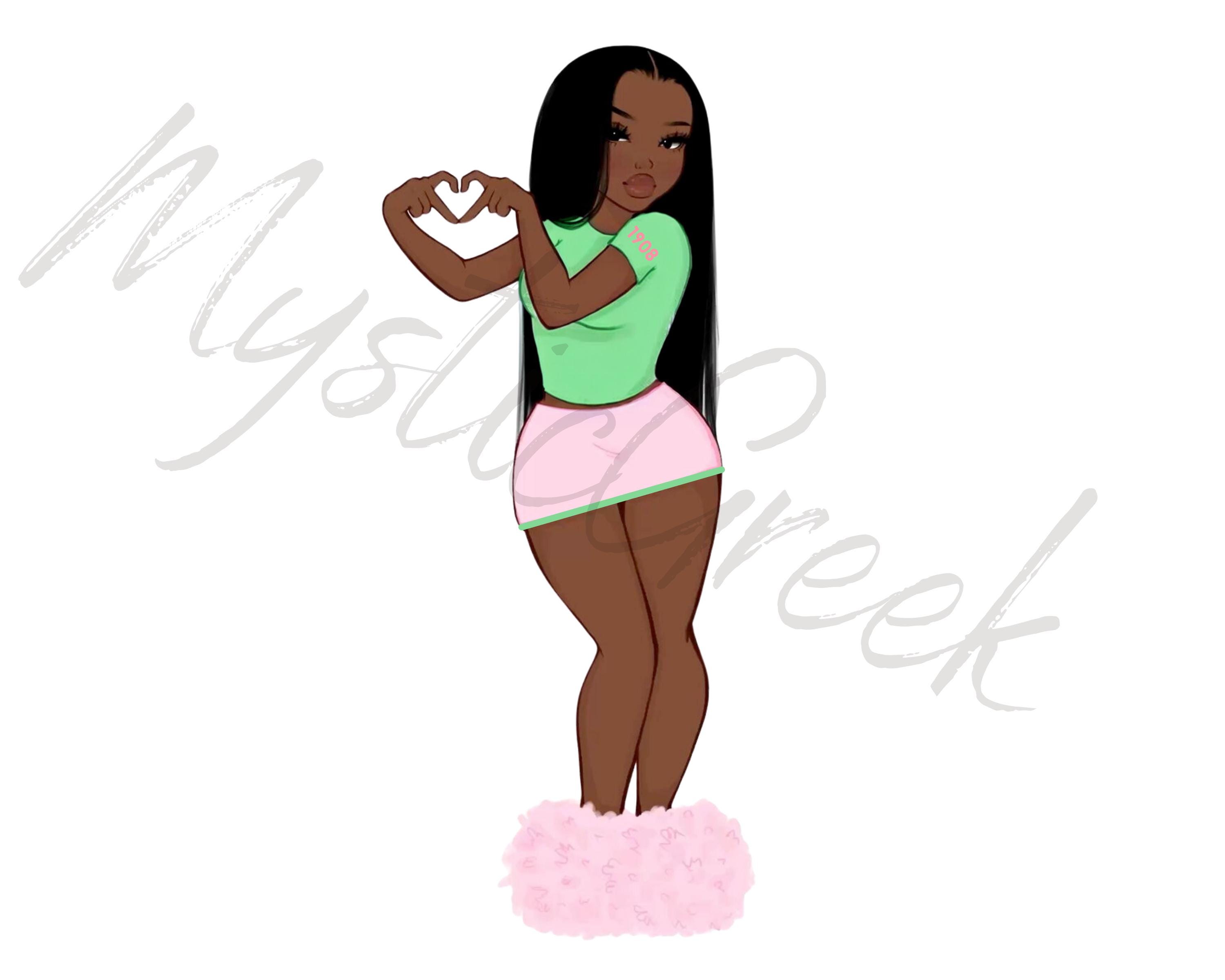 Alpha Kappa Alpha Curvy Black Girl PNG Sorority 1908 Pink Green D9 ...