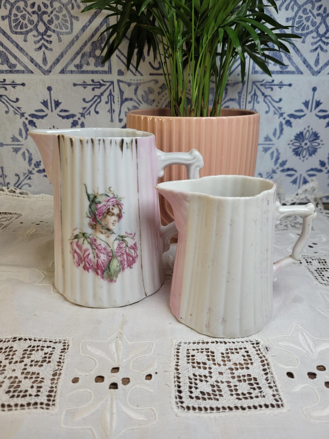 Vintage Pair of Pink and White Decorative Jugs, Vintage Decor, Pretty ...