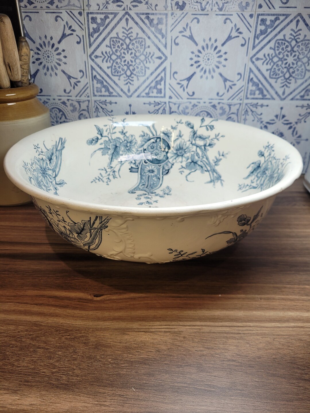 Wonderful Antique Stoke Pottery Wash Bowl, Blue and White Floral, Wash ...