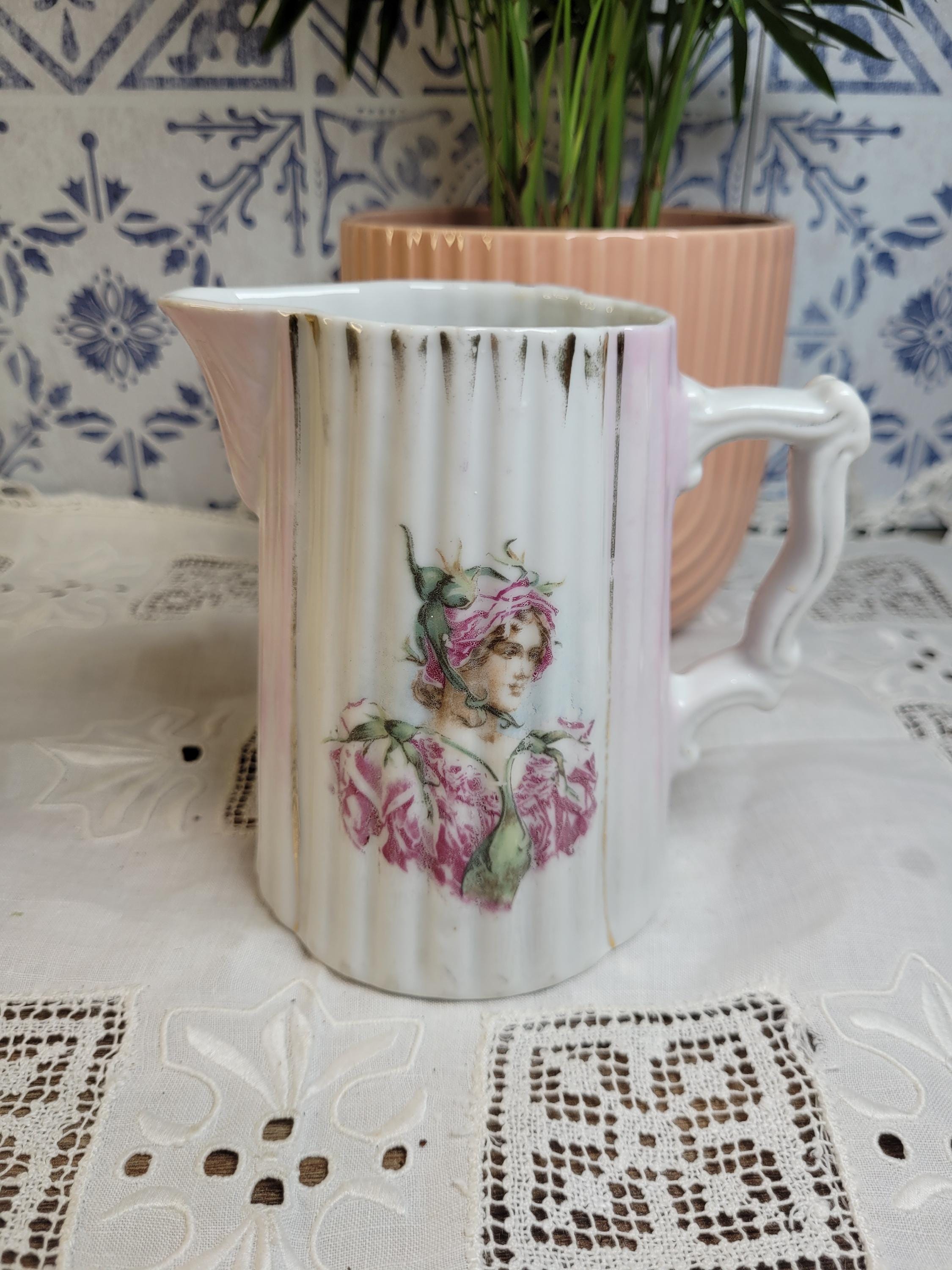 Vintage Pair of Pink and White Decorative Jugs, Vintage Decor, Pretty ...