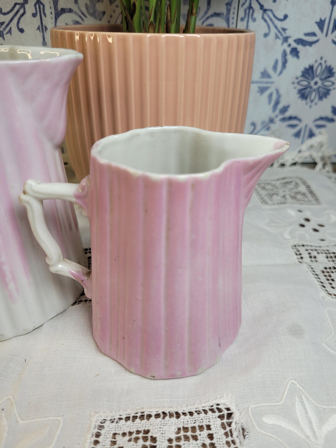 Vintage Pair of Pink and White Decorative Jugs, Vintage Decor, Pretty ...