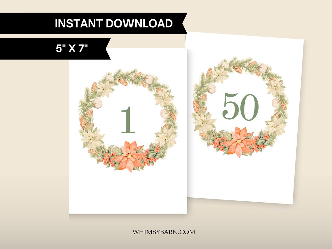 Vintage Christmas Wreath Wedding or Event Table Numbers | 5" X 7 ...