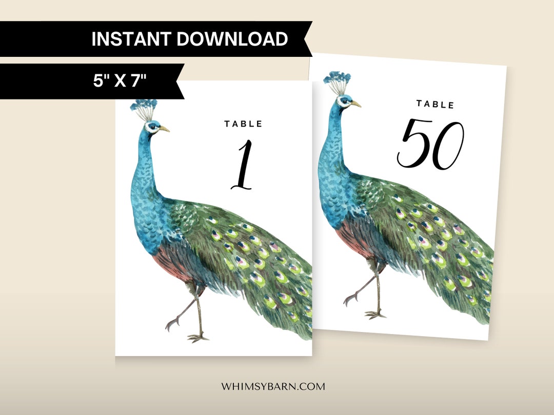 Bohemian Peacock Wedding or Event Table Numbers | 5" X 7" Instant ...