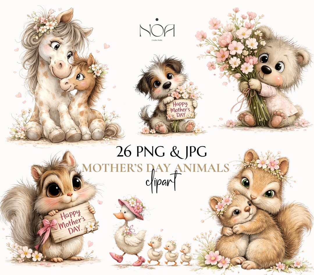 Mother's Day Animal Clipart Bundle | 26 PNG & JPG Watercolor Mom Baby ...