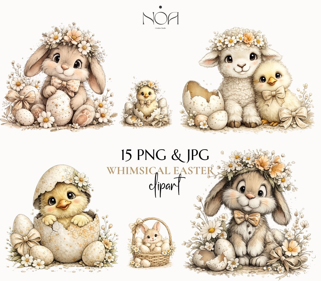 Whimsical Easter Bunny Clipart Set: 15 PNG & JPG Files (digital ...