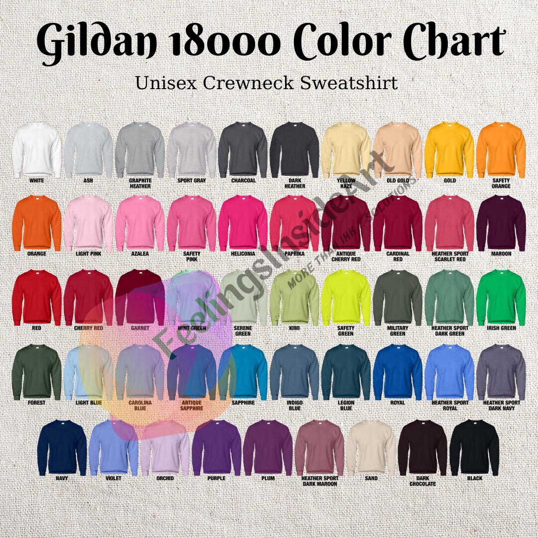 Gildan 18000 G180 Color Chart | G180 Mockup Color & Size Charts | Heavy ...