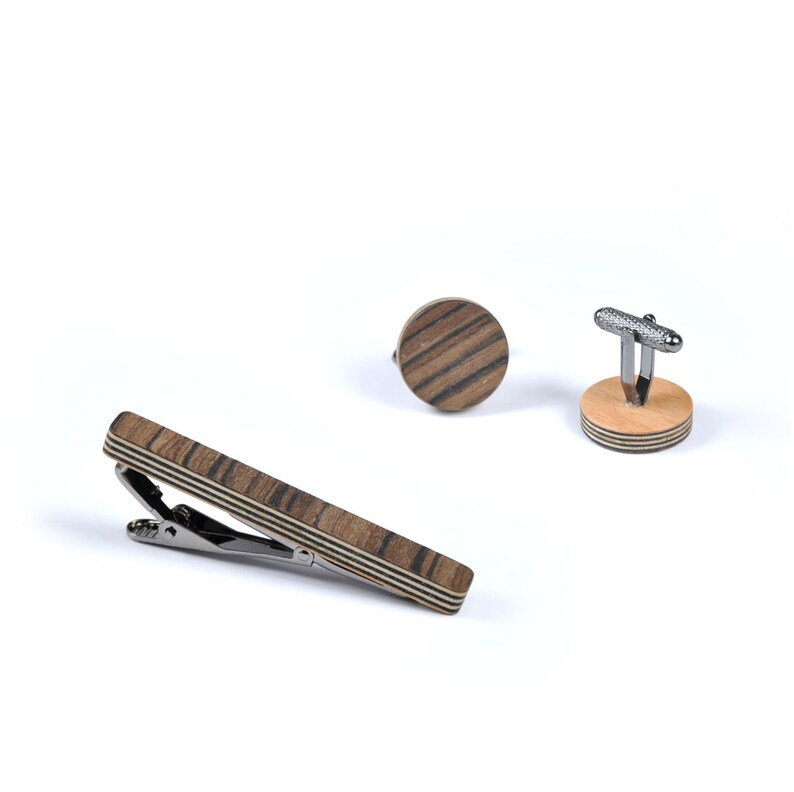 Wooden ROUND CUFFLINKS & TIEBAR, Wooden Tie Clip and Cufflinks Set for ...