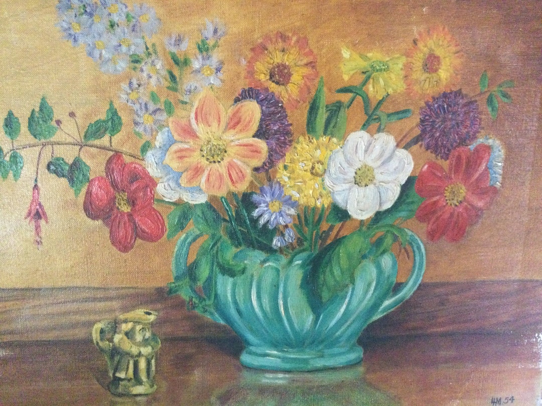 Original 1950s Flower Painting - Oil on Canvas Board - Etsy