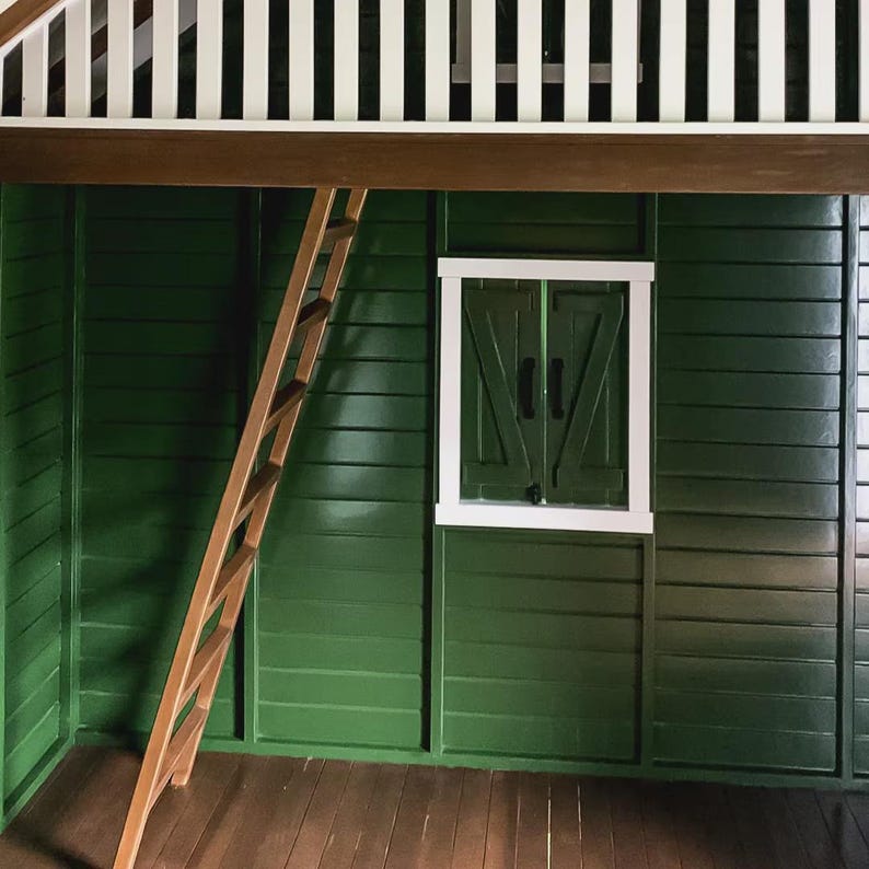 Elevated Wooden Kids Playhouse With Slide, Climbing Wall & Swings Green ...