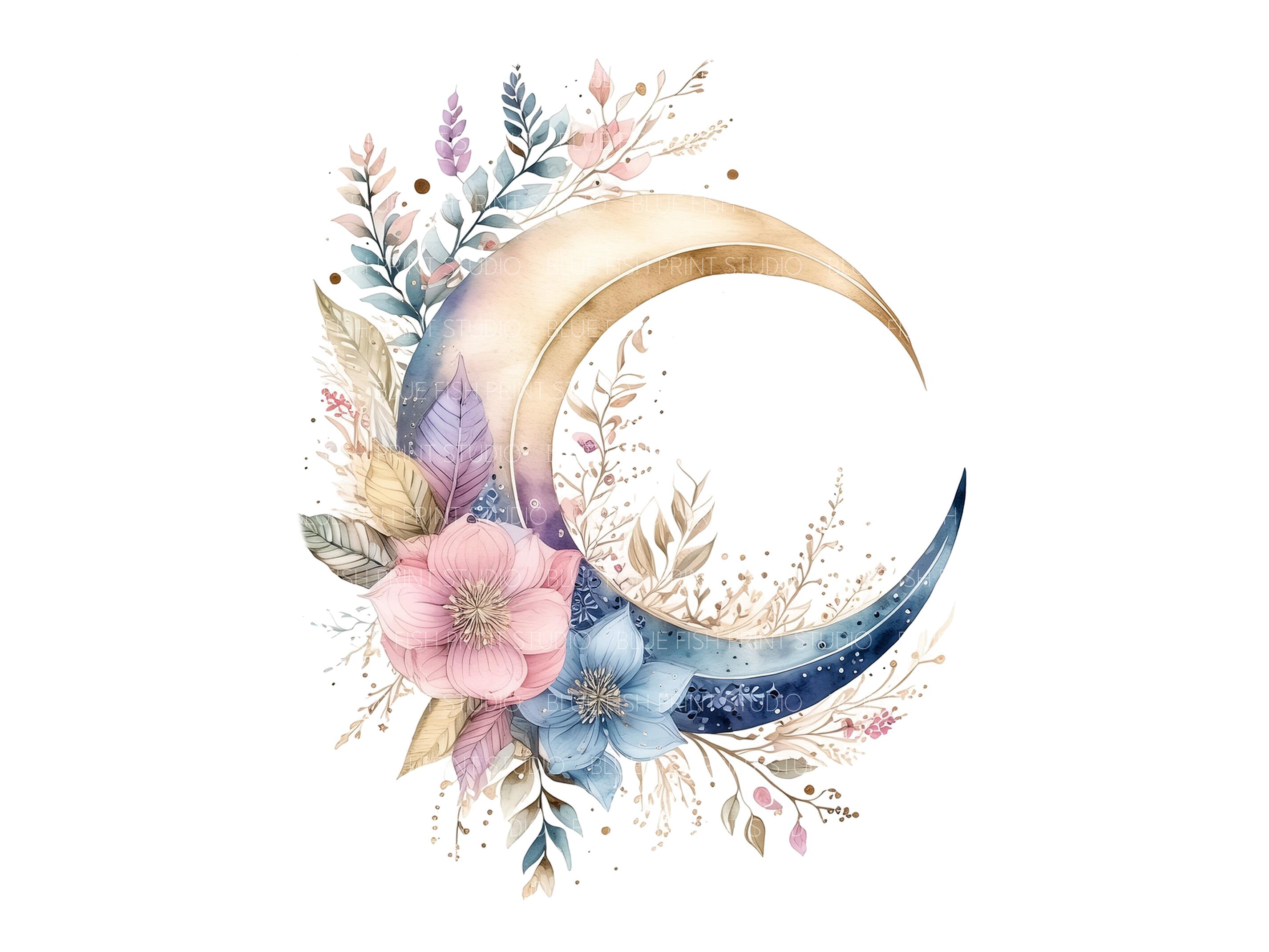 9 Watercolor Mystical Floral Moons Clipart, Moons Flowers Art, Collage ...