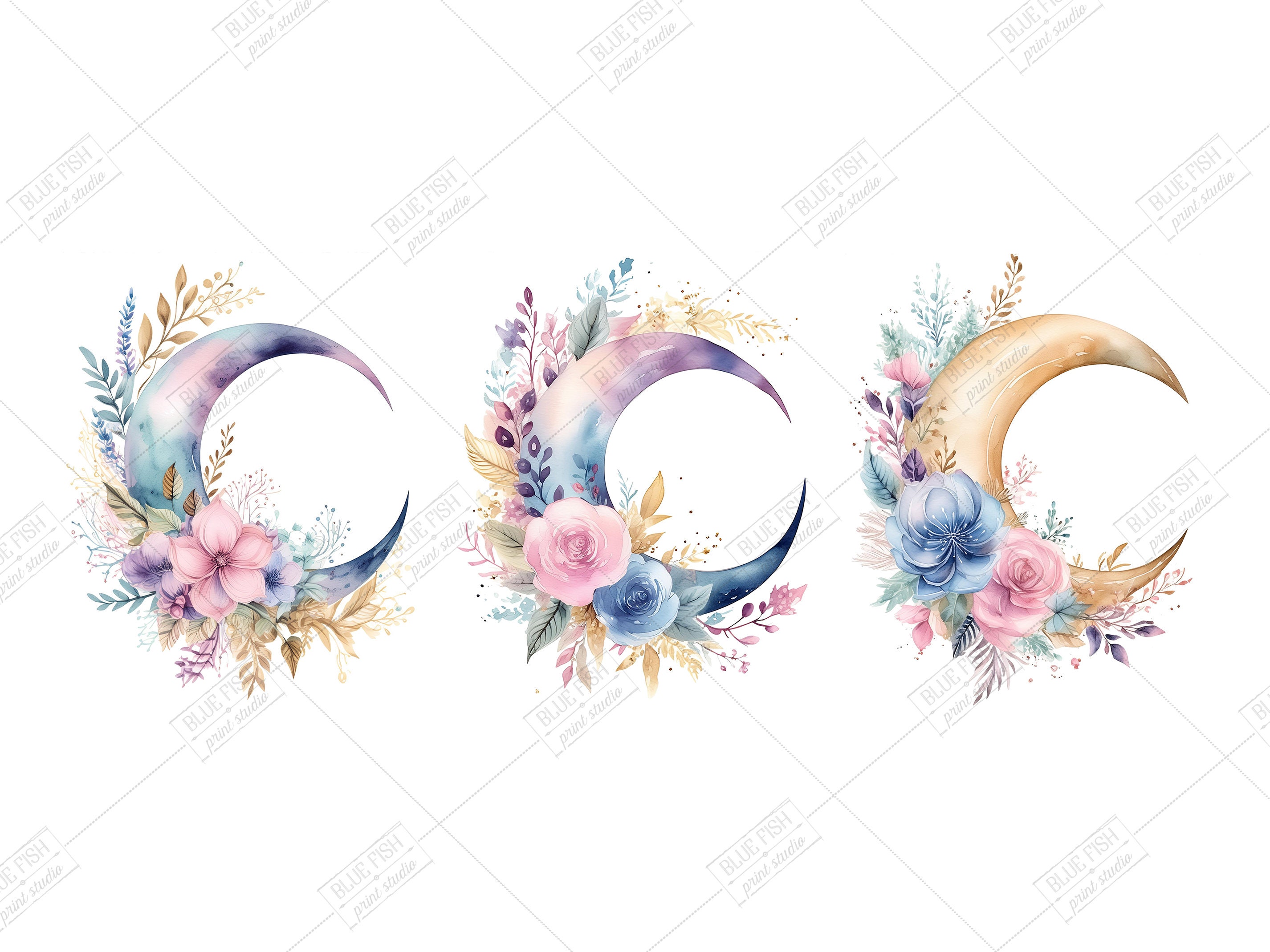9 Watercolor Mystical Floral Moons Clipart, Moons Flowers Art, Collage ...