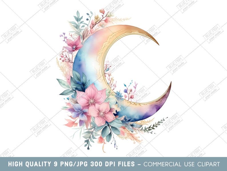 9 Watercolor Mystical Floral Moons Clipart, Moons Flowers Art, Collage ...