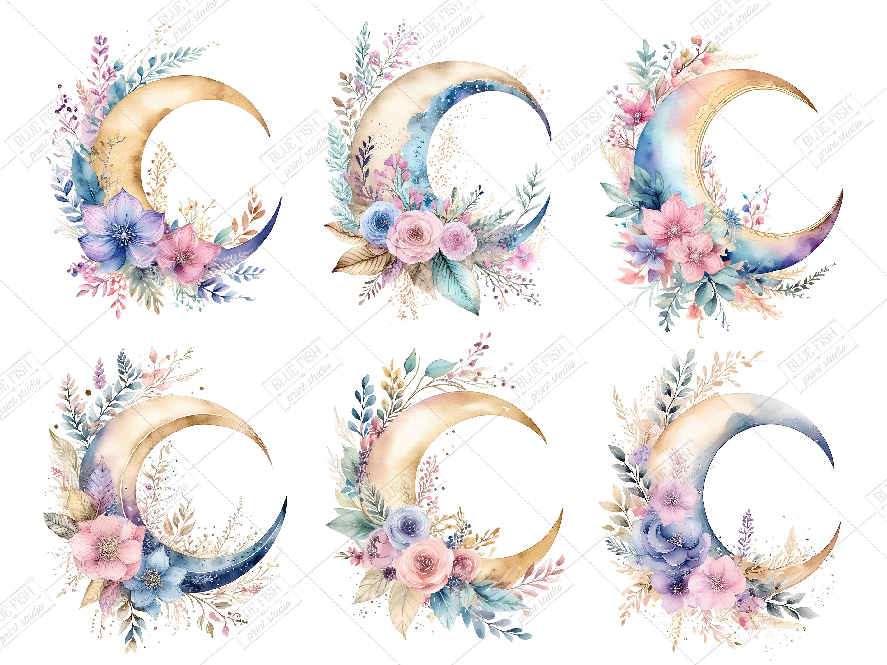 9 Watercolor Mystical Floral Moons Clipart, Moons Flowers Art, Collage ...