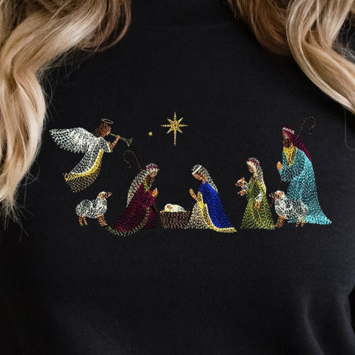 Nativity Scene Embroidered Black Sweatshirt, Christian Christmas Hoodie ...
