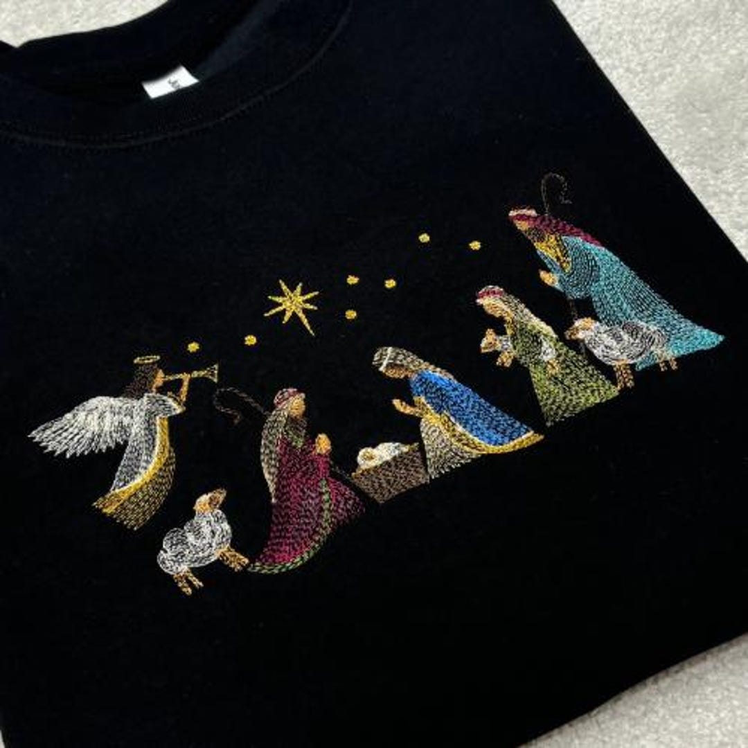 Nativity Scene Embroidered Sweatshirt, Baby Jesus Mary & Joseph Sweater ...