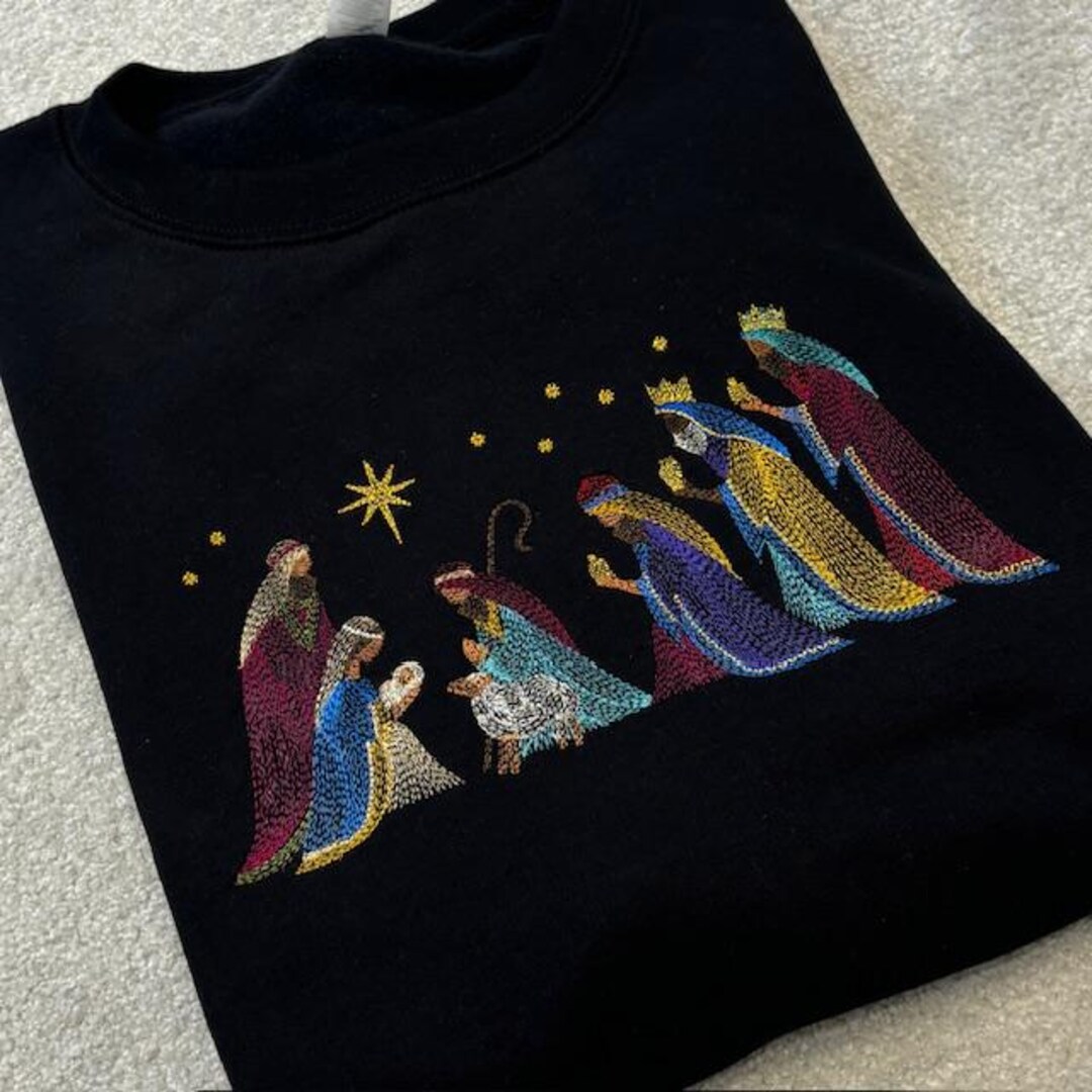 Nativity Scene Embroidered Sweatshirt, Jesus Mary Joseph Wise Men ...