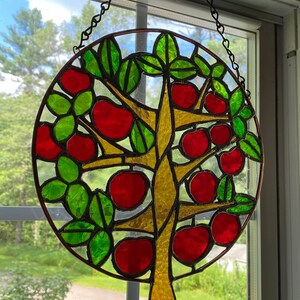 Custom Stained Glass Circle of Apples. Brilliant Red, Tree of Stained ...