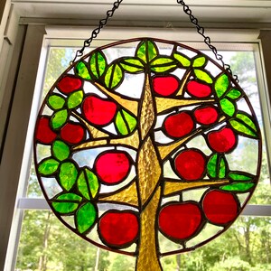 Custom Stained Glass Circle of Apples. Brilliant Red, Tree of Stained ...