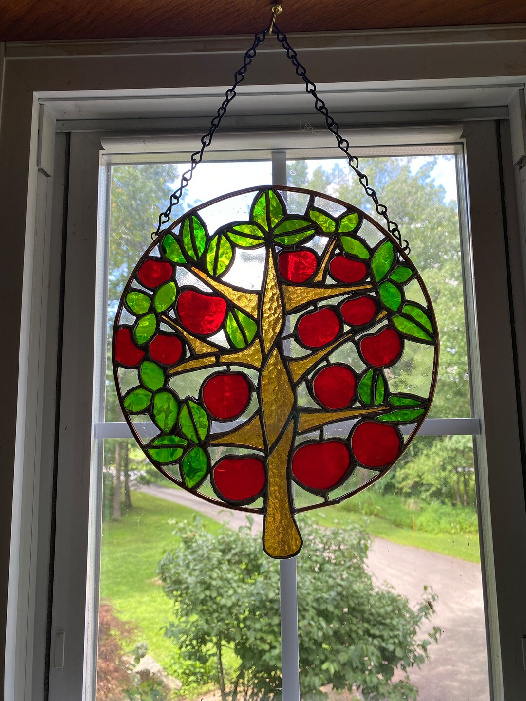 Custom Stained Glass Circle of Apples. Brilliant Red, Tree of Stained ...