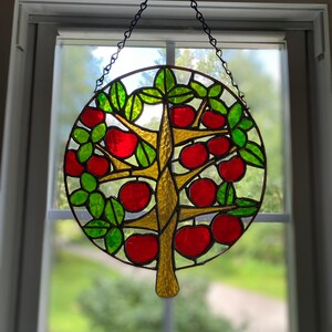 Custom Stained Glass Circle of Apples. Brilliant Red, Tree of Stained ...