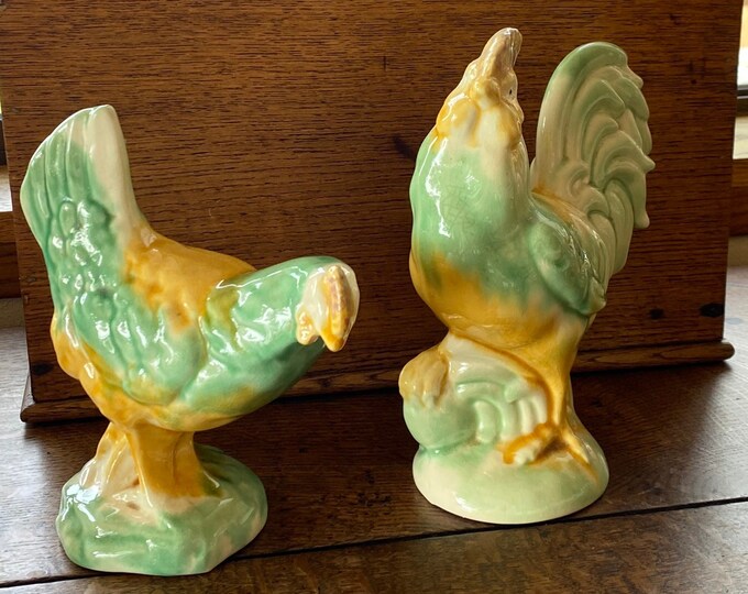 Vintage Ceramic Chicken and Rooster Pair Green Yellow Glaze - Etsy