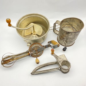 Antique Vintage Kitchen Tools Cheese Grater Food Mill Whisk Sifter Meat ...