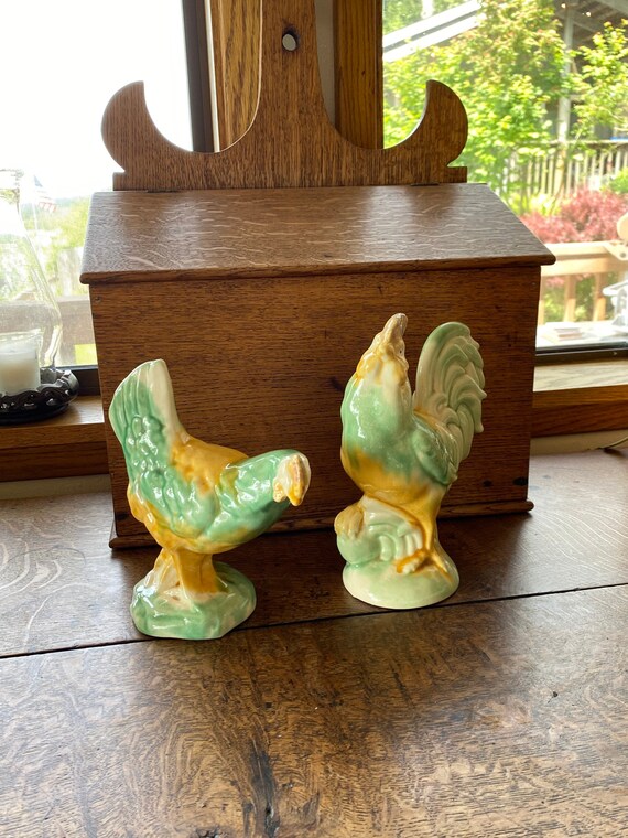 Vintage Ceramic Chicken and Rooster Pair Green Yellow Glaze - Etsy