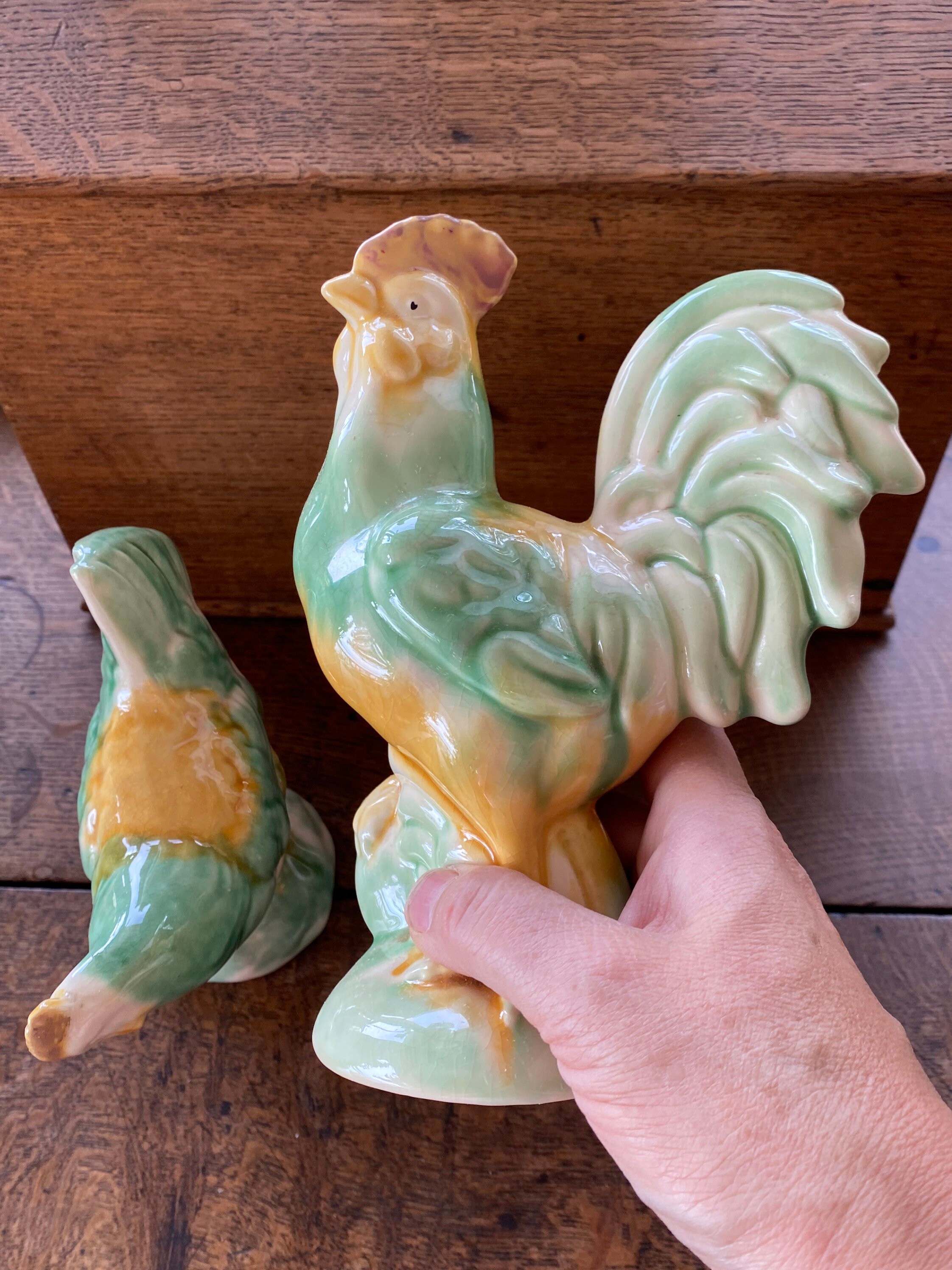 Vintage Ceramic Chicken and Rooster Pair Green Yellow Glaze - Etsy