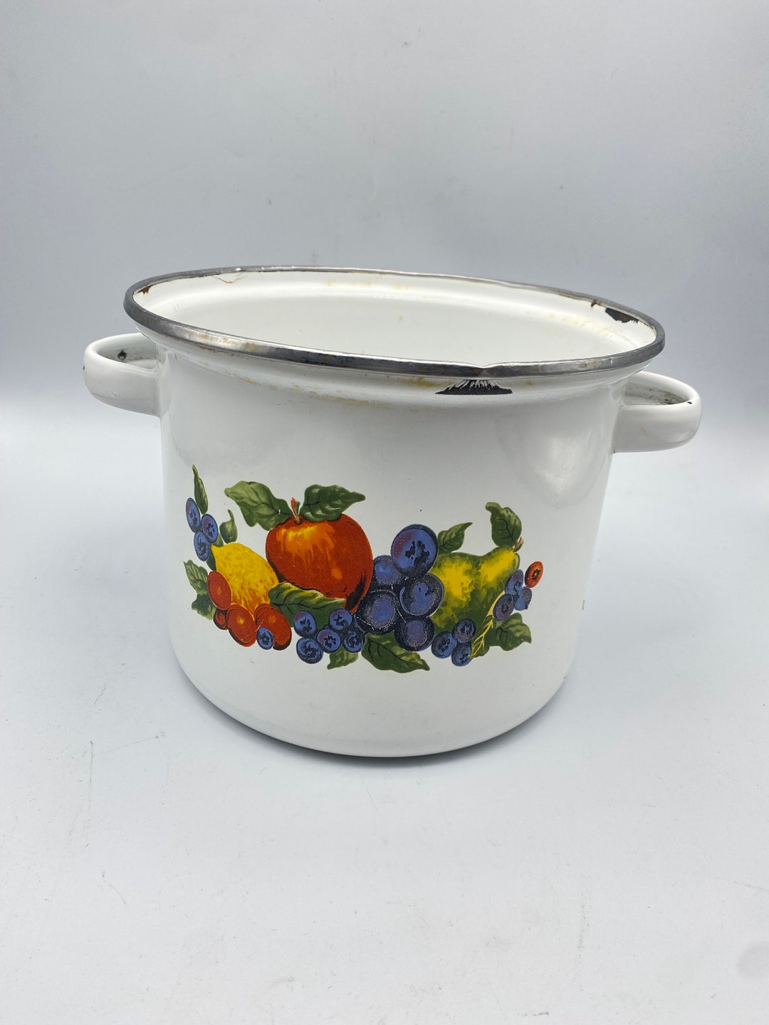 Vintage Enamelware Cooking Pot Fruit Design Rustic Farmhouse Decor ...