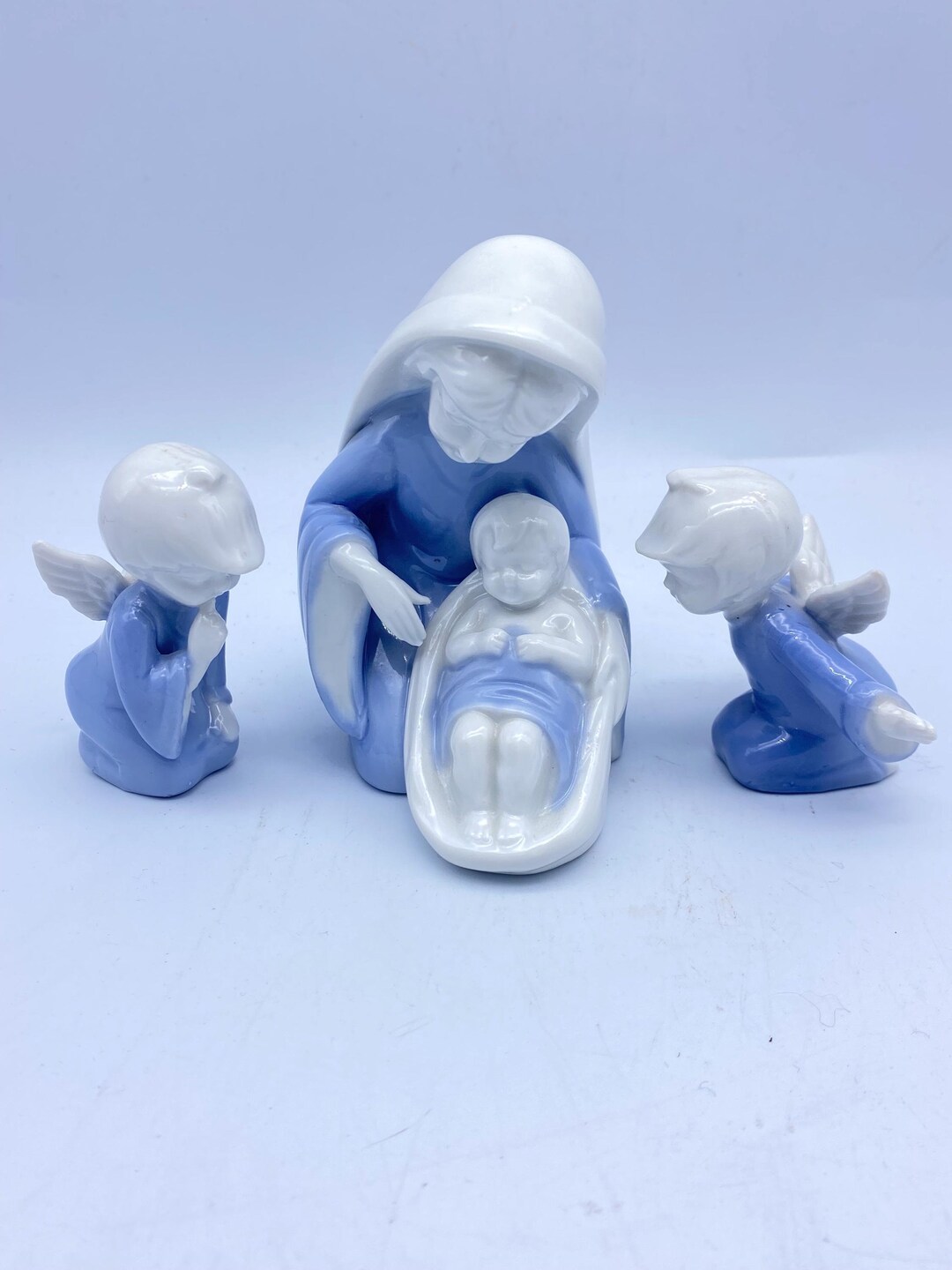 Lefton Porcelain Mary and Child With 2 Angels Blue and White Nativity ...