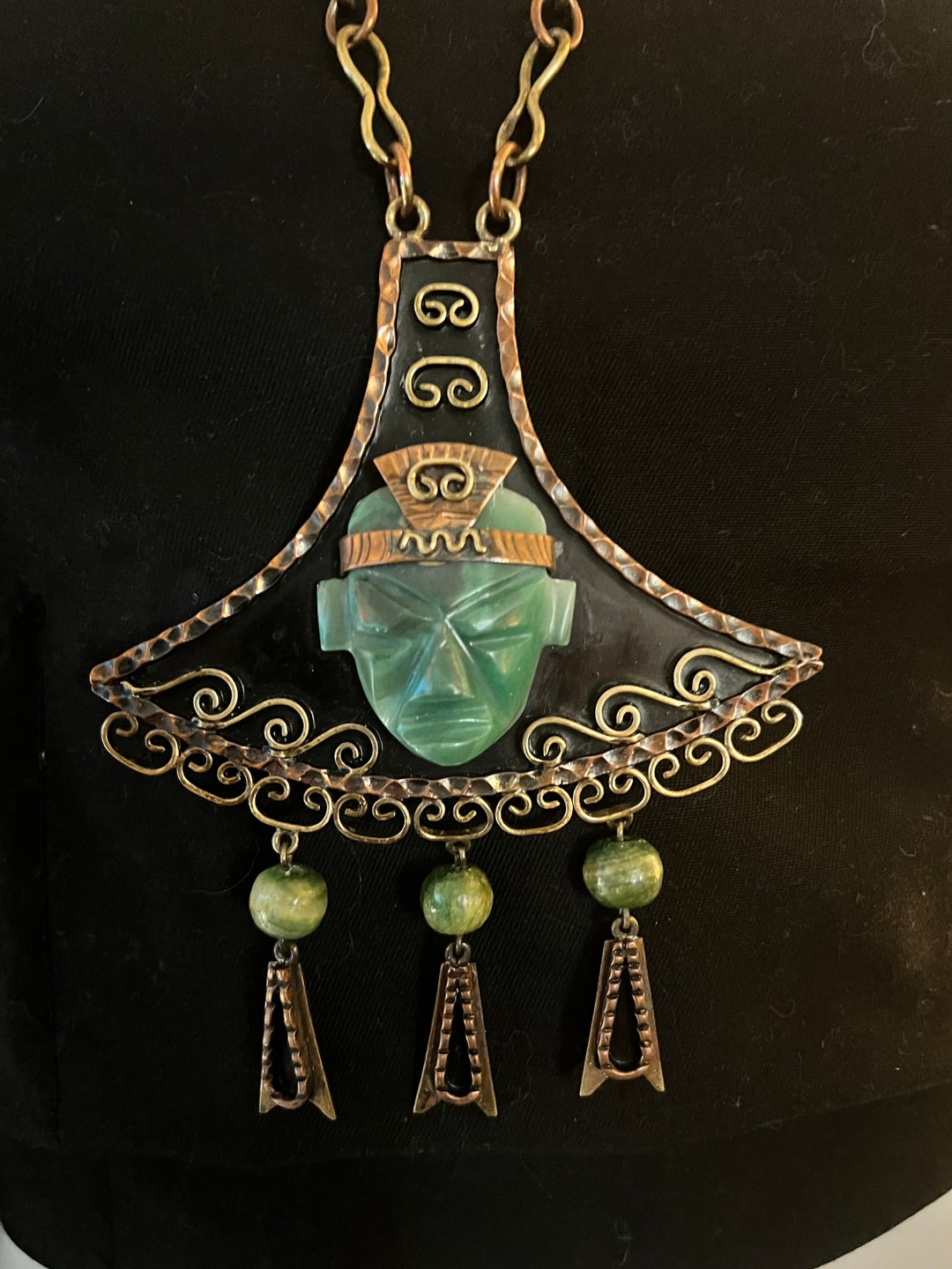 Vintage Green Onyx Mayan Warrior Abstract Piece Set in Brass and Copper ...