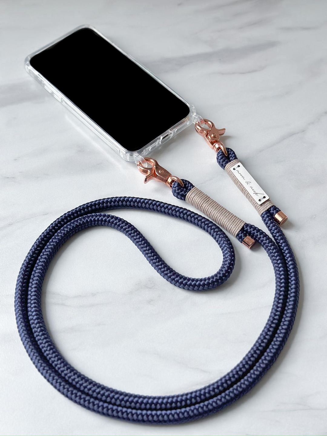 Blue Mobile Phone Chain With Rose Gold Carabiner Interchangeable Strap ...