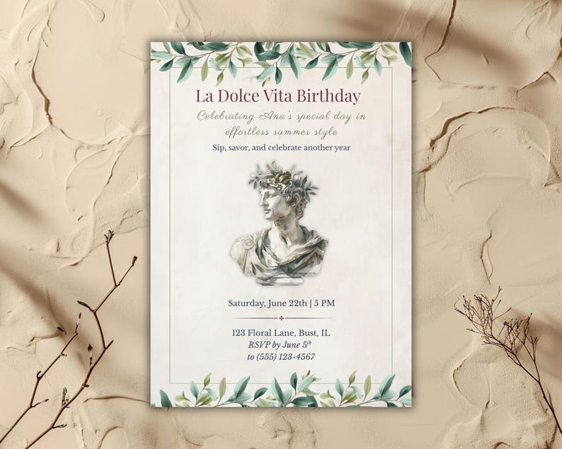 Olive Greenery Birthday Invitation Set Editable Canva Templates 5x7 and ...