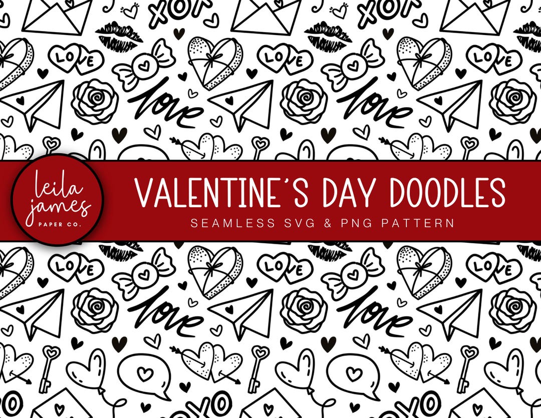 Valentine Doodles Seamless SVG Pattern and Cut File, Engraving ...