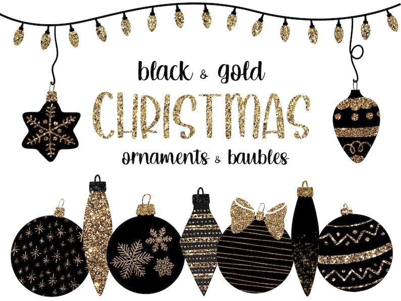 Christmas Clipart, Christmas Ornaments, Gold Ornaments, Black and Gold ...