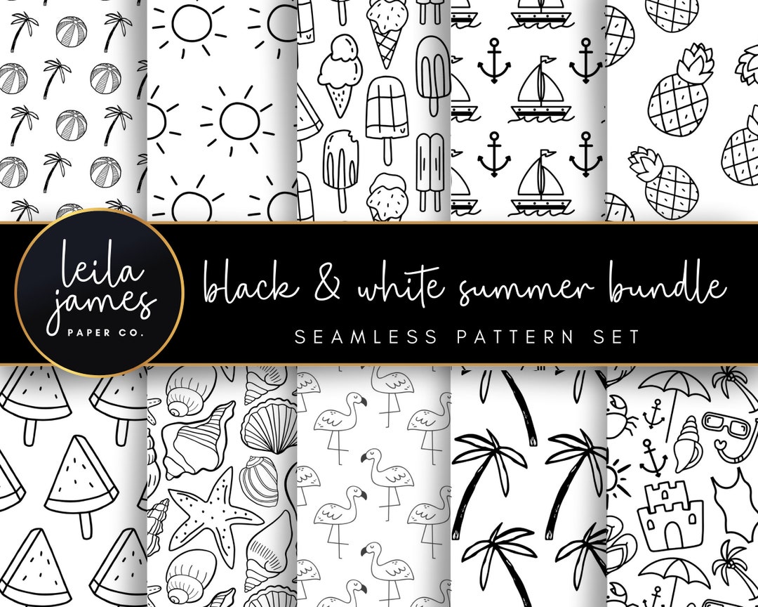Seamless Summer SVG Patterns, Black and White Beach Designs (digital ...