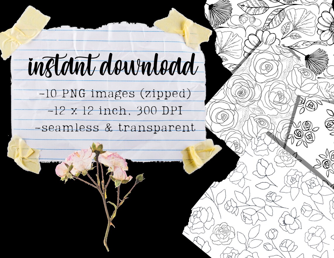 Black and White Floral Pattern, 10 Botanical PNG Designs (digital ...