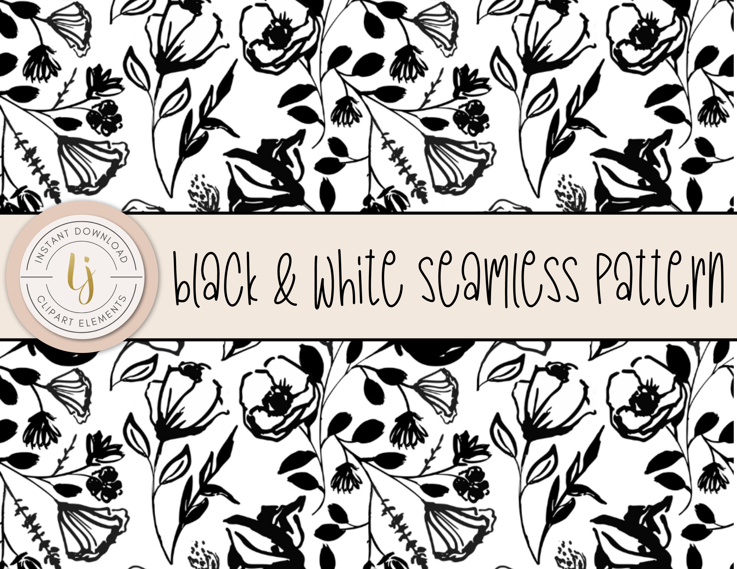 Black and White Digital Paper, Floral Paper, Seamless Pattern, Fabric ...