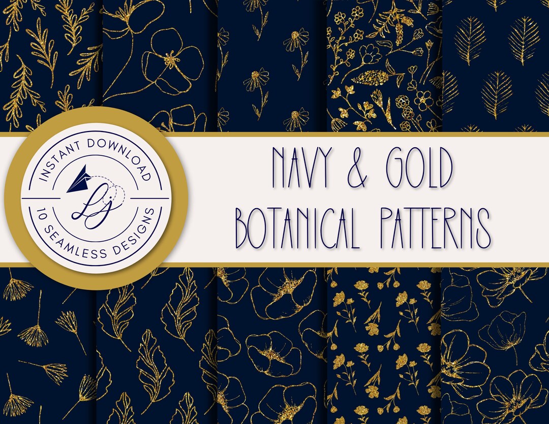 Digital Paper, Floral Botanical Patterns, Seamless Pattern, Navy Blue ...