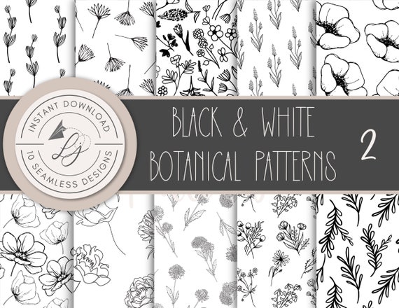 Black and White Digital Paper Floral Seamless Pattern - Etsy