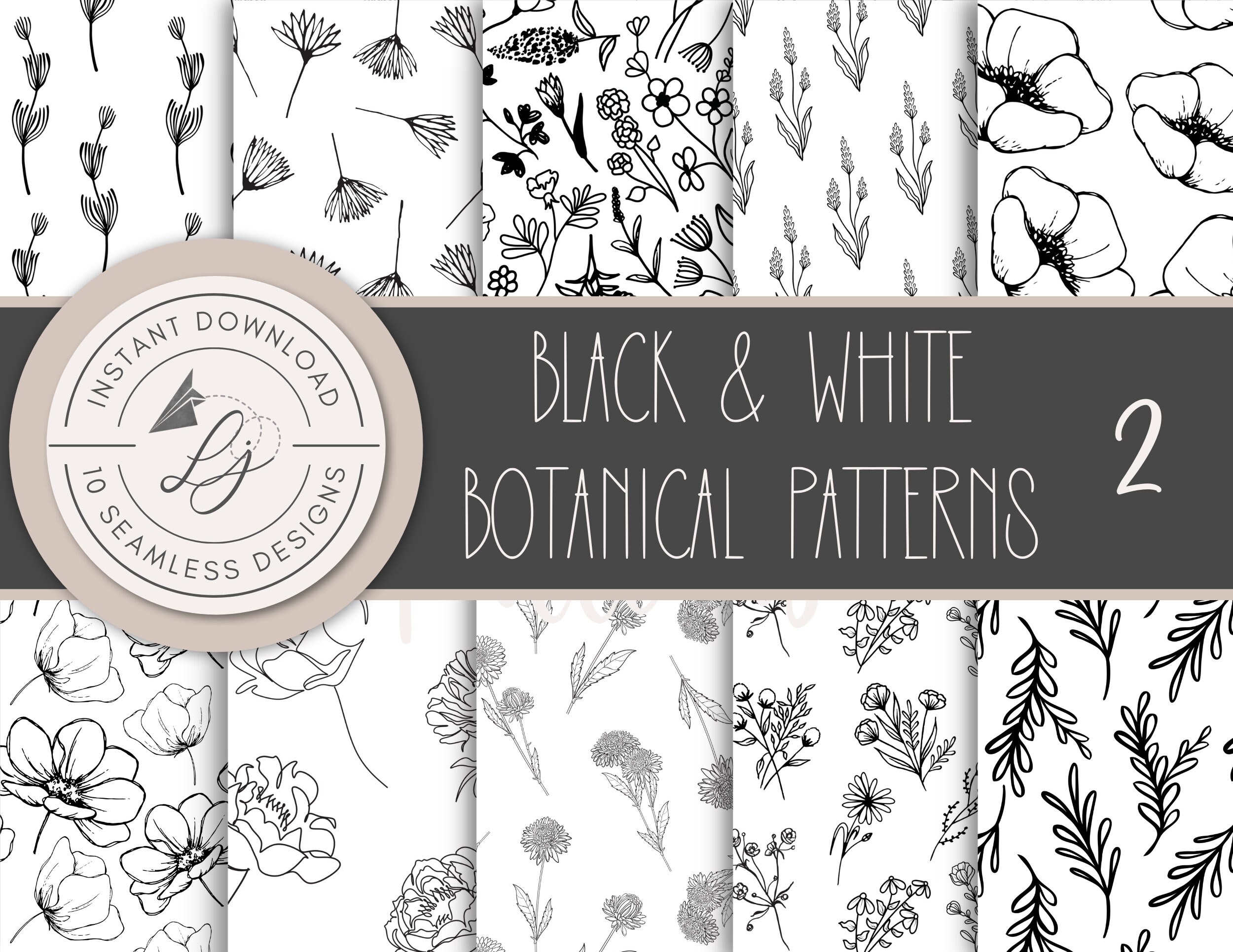 Black and White Digital Paper Floral Seamless Pattern - Etsy