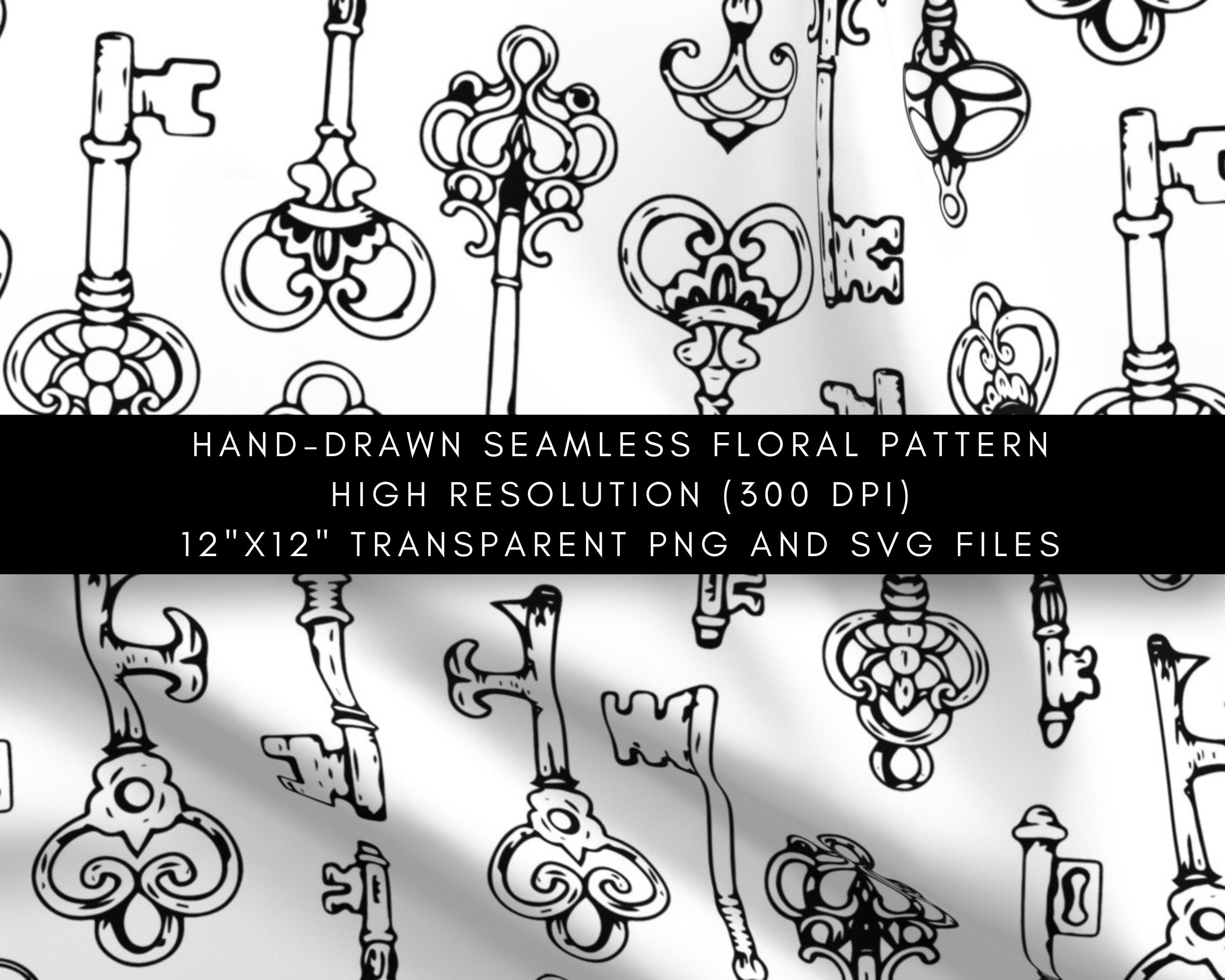 Black and White Vintage Keys Seamless Pattern and SVG, Vintage Digital ...