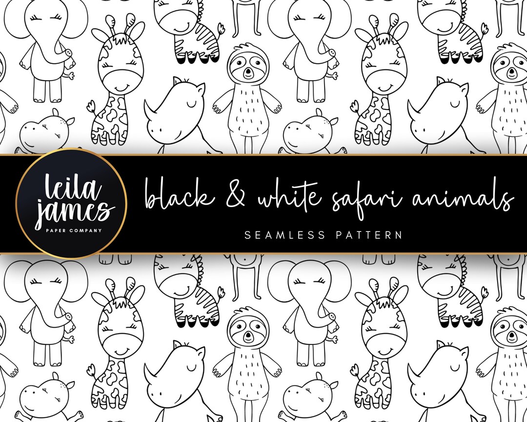 Digital Paper, Safari Animals Seamless Pattern SVG, Black and White ...