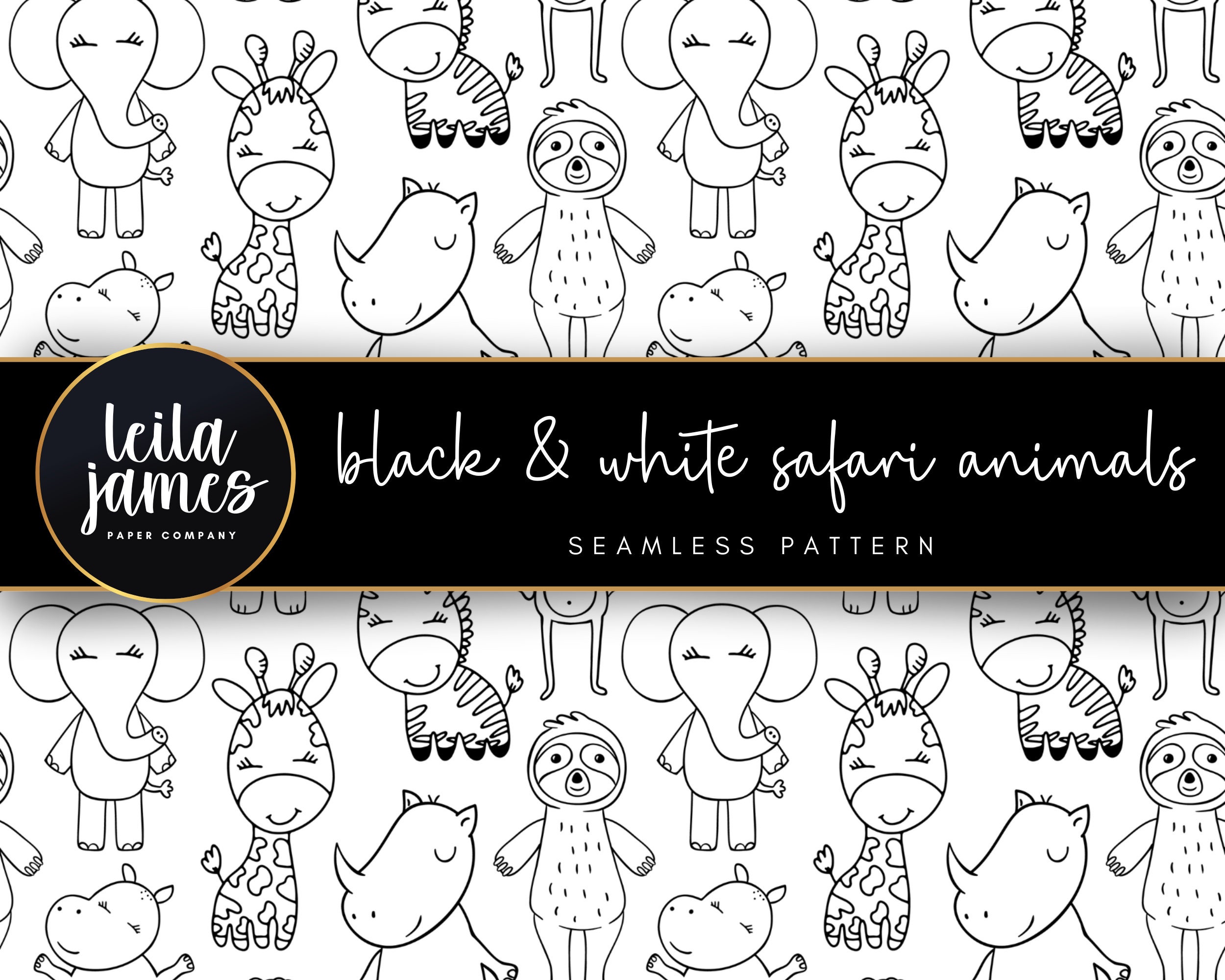 Digital Paper, Safari Animals Seamless Pattern, Black and White ...
