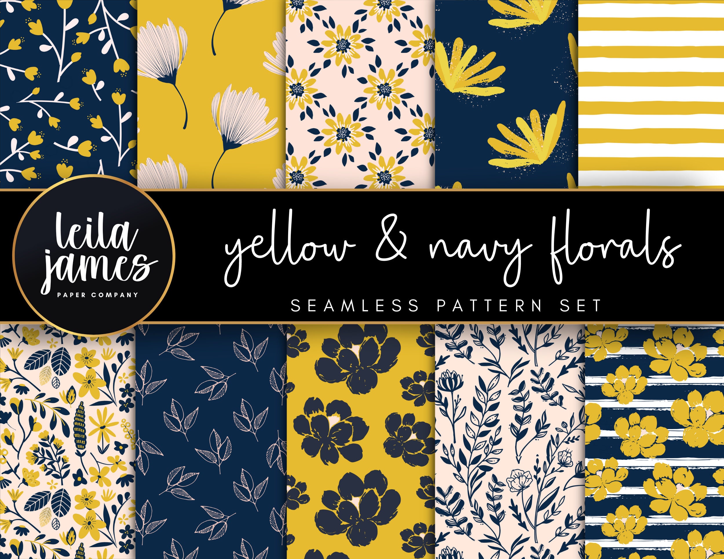 Digital Paper, Botanical Seamless Patterns, Navy Blue and Yellow ...