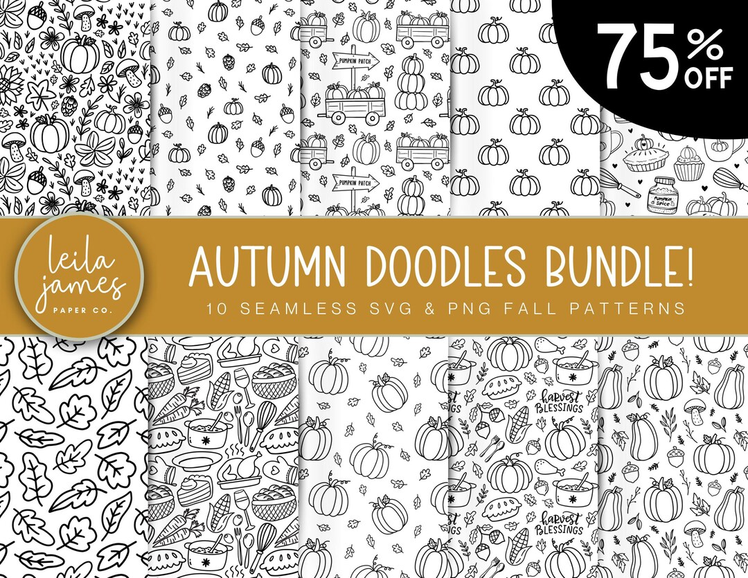 Autumn Doodle Pattern Set, Black & White Seamless SVG PNG (digital ...