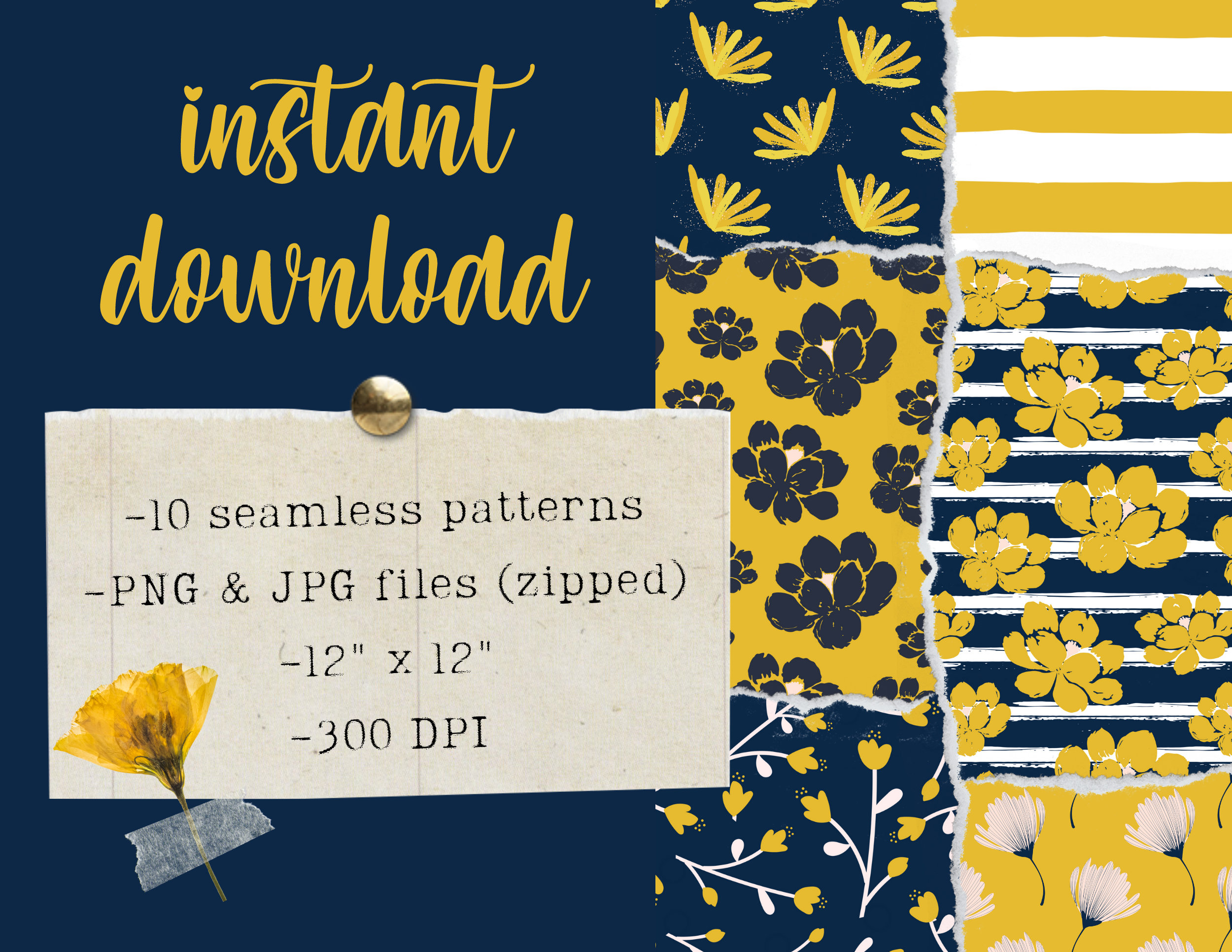 Digital Paper, Botanical Seamless Patterns, Navy Blue and Yellow ...